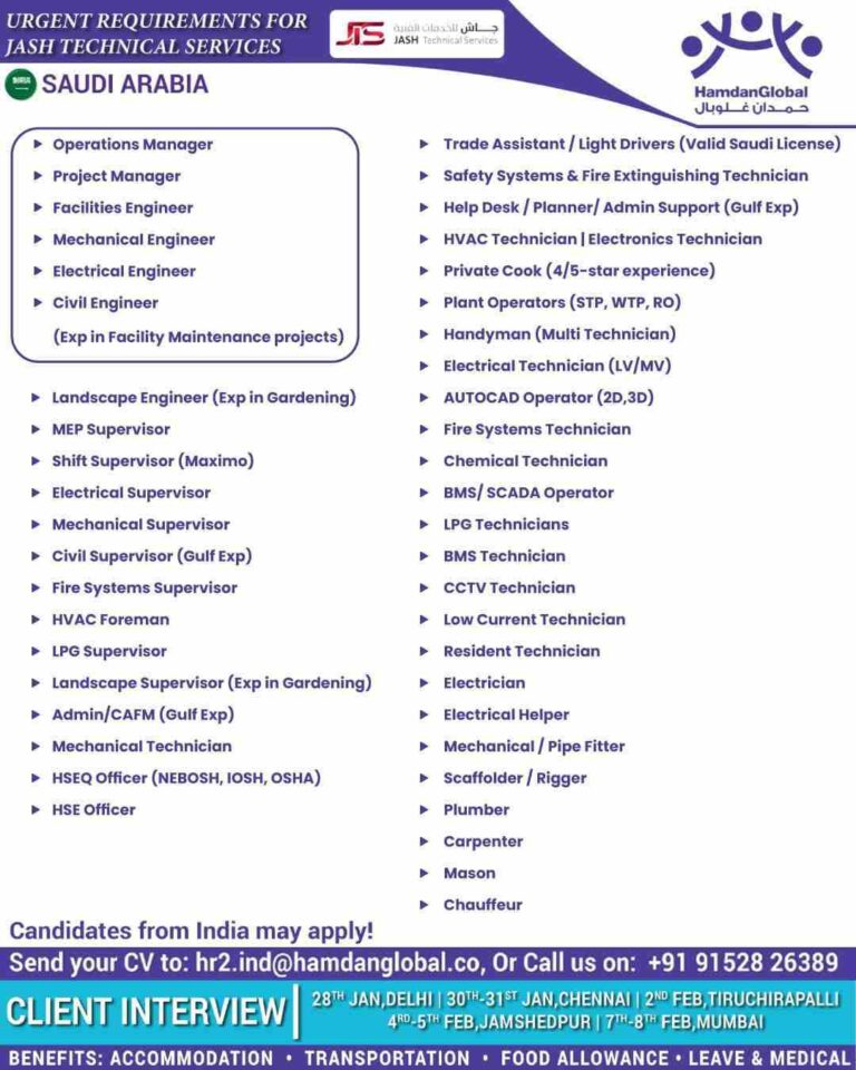 Urgent Requirements For Jash Technical Services - Saudi Arabia - Gulf ...