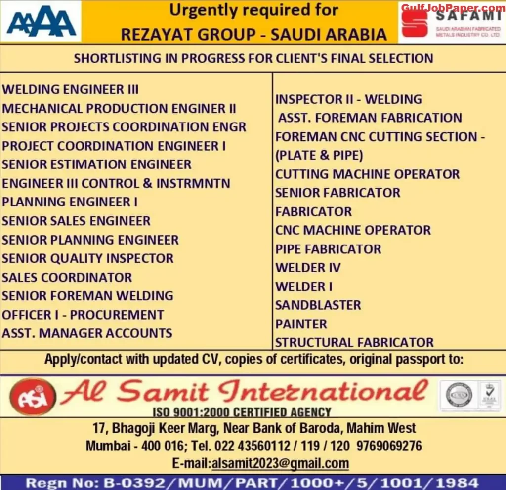 Urgent Hiring for Rezayat Group - Saudi Arabia - GulfJobPaper.com ...