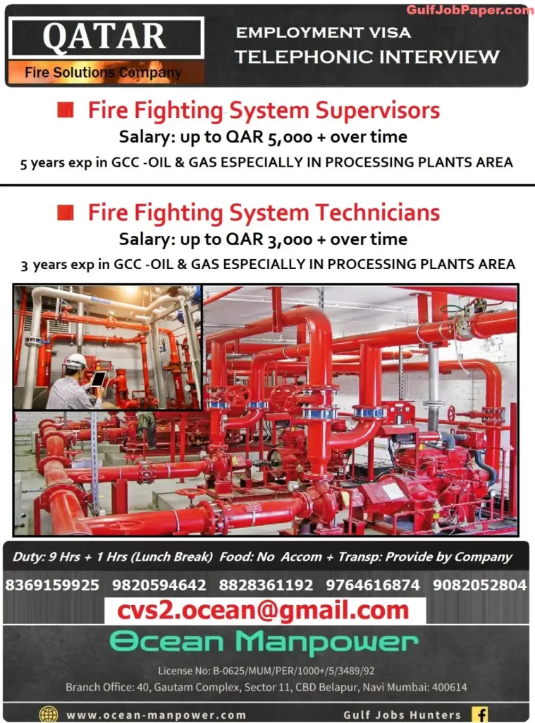 Hiring Fire Fighting System Supervisors and Technicians for Qatar Fire ...