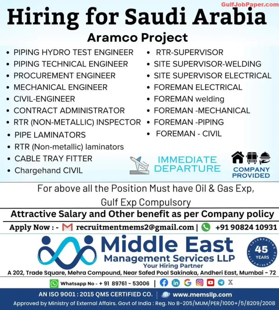 Hiring for Various Positions for Aramco Project in Saudi Arabia ...