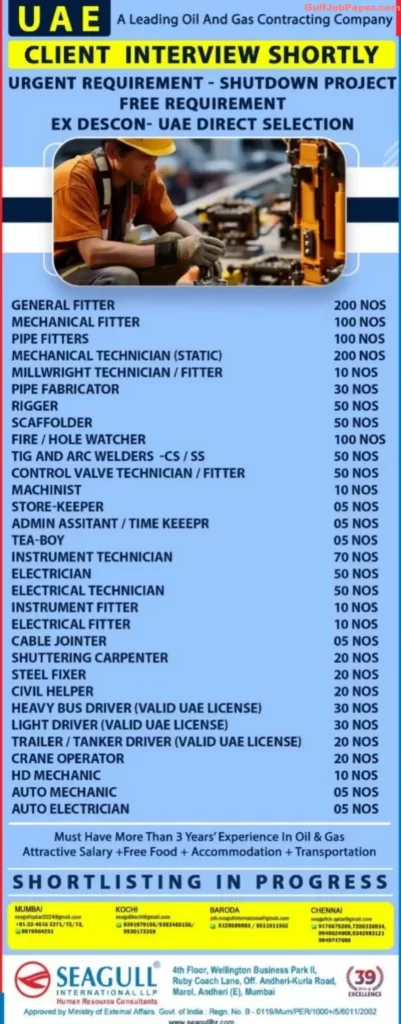 Urgent Hiring For Shutdown Project In UAE | Multiple Technician And ...