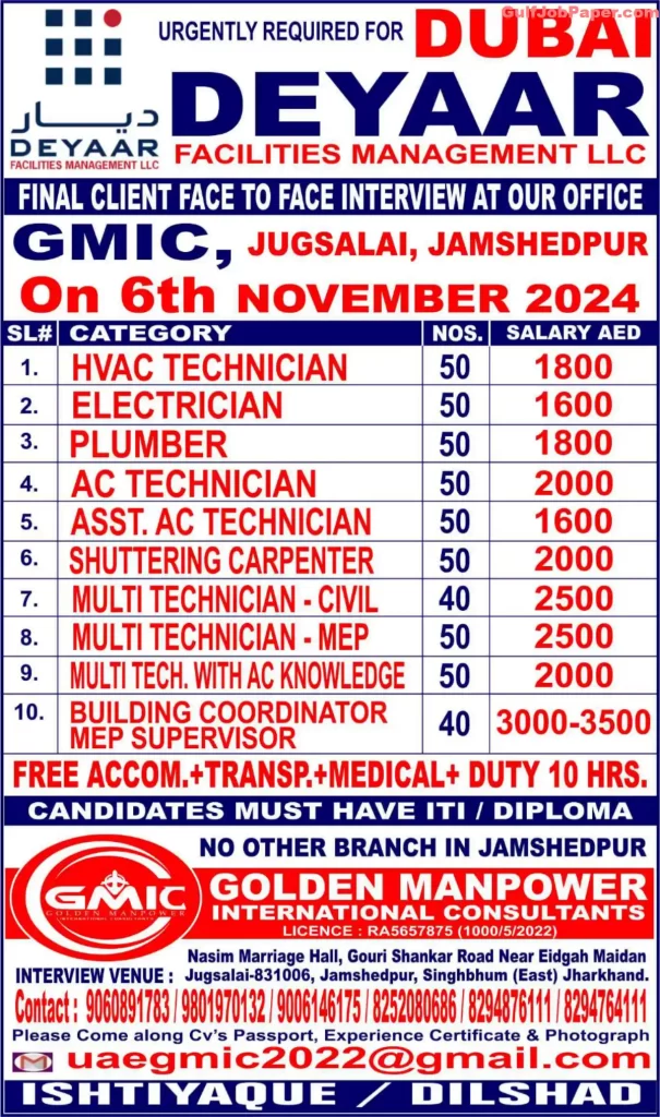 Assignments Abroad Time | Urgent Hiring For Deyaar Facilities Management LLC, Dubai - Interview ...