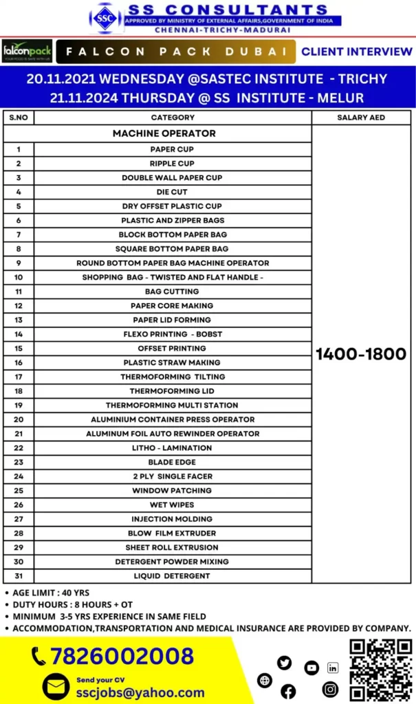 Falcon Pack Dubai Hiring Machine Operators | Client Interview In Trichy And Melur - Gulf Job Paper