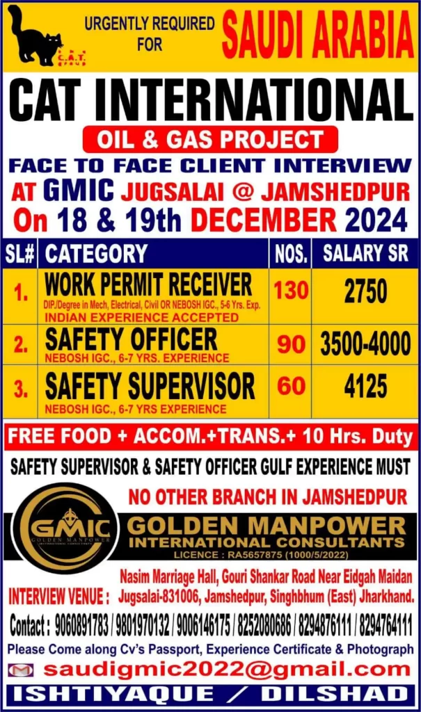 Urgent Hiring For CAT International In Saudi Arabia – Work Permit Receiver, Safety Officer ...