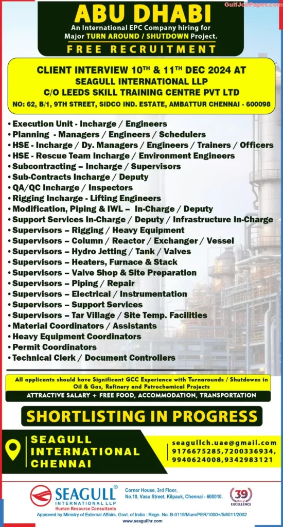 Free Recruitment For Abu Dhabi: Multiple Roles In Turnaround / Shutdown Projects - Gulf Job Paper