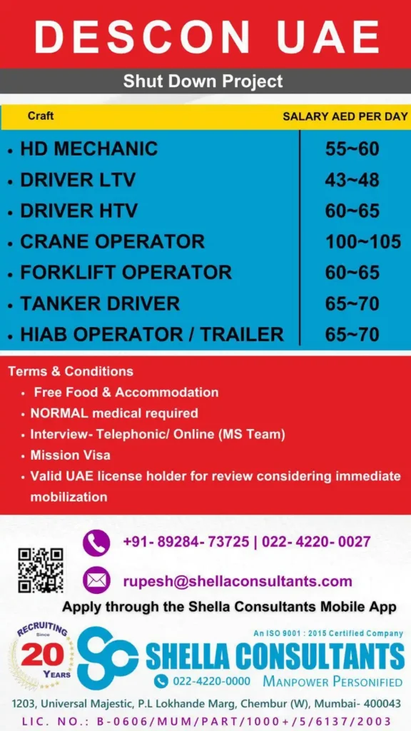 Descon UAE Shutdown Project Jobs - Hiring For HD Mechanics, Crane ...
