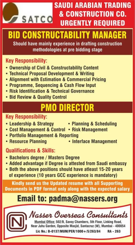 Urgent Hiring: Bid Constructability Manager & PMO Director At SATCO ...