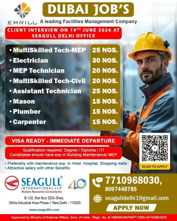 EMRILL Dubai Jobs 2026 – MultiSkilled Tech-MEP, Electrician, Plumber ...