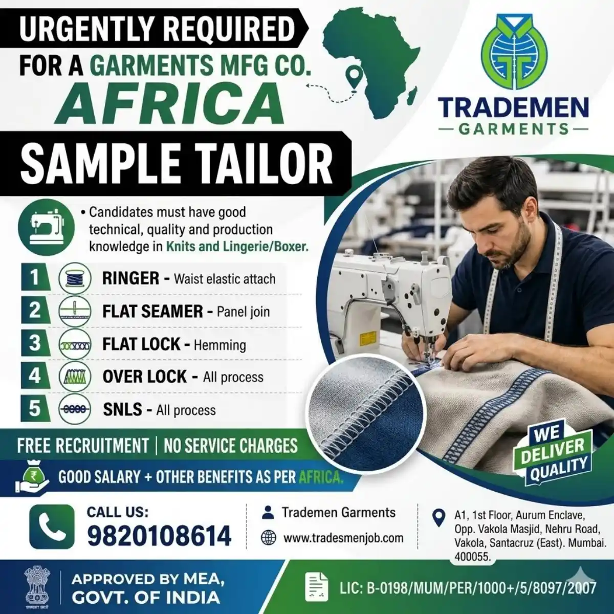 Urgently Required Sample Tailor For Garments Manufacturing Company In ...